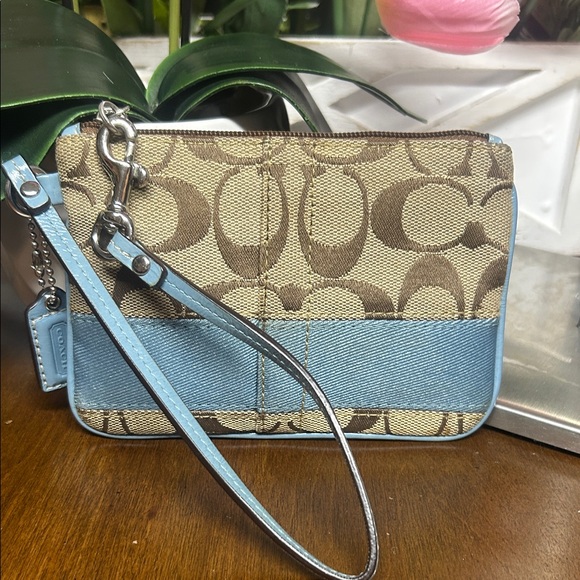 Coach | Bags | Coach Signature Tan And Blue Wristlet | Poshmark